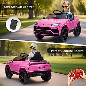 Rock Wheels Licensed Lamborghini Urus Ride On Truck Car Toy, 12V Battery Powered Electric 4 Wheels Kids Toys w/Parent Remote Control, Foot Pedal, Music, Aux, LED Headlights, 2 Speeds (Pink)