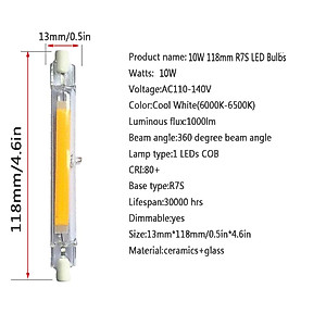 118mm 10W R7S LED Bulb (3 Pack) 100W Halogen Equivalent 118mm J-Type 10W 110-140V R7S Base Cool White 6000K J Type T3 118mm Double Ended Flood Light 360°Beam Angle Landscape Lights