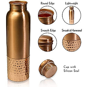 Copper Water Bottle 34 Oz - Half Hammered Design - an Ayurvedic Copper Vessel - Pure Copper Bottle for Drinking Water - Drink More Water - Leak Proof - Large
