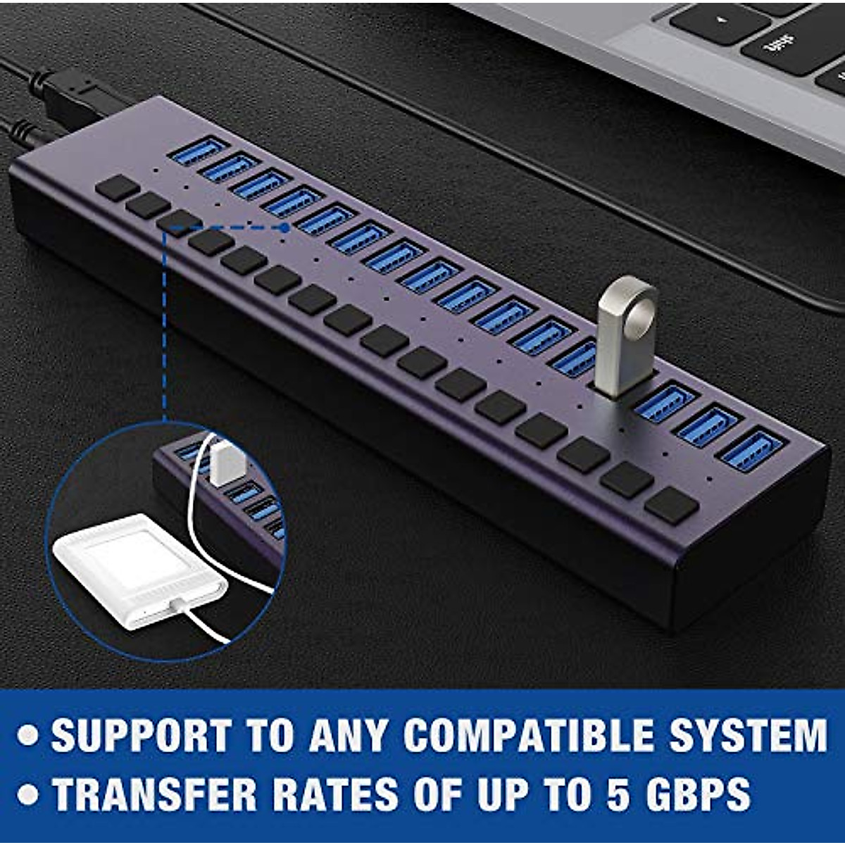 USB 3.0 Hub -16 Ports Powered USB Hub 90W USB Charging Hub with Individual On/Off Switches and 12V/7.5A Power Adapter and Lights for PC, Laptop, Computer, Mobile HDD, Flash Drive and More（Purple）