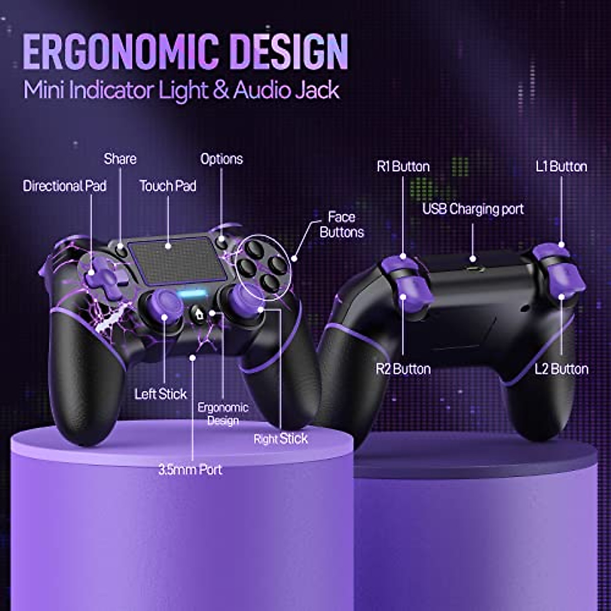 Wireless Controller for PS4/Pro/Slim Consoles, Gamepad Controller with 6-Axis Motion Sensor/Audio Function/Charging Cable - Lightning