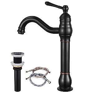 gotonovo Bathroom Vessel Sink Faucet Oil Rubbed Bronze with POP UP Drain Single Lever Handle 1 Hole Bowl Sink Mixer Tap Deck Mount Tall Spout Lavatory Vanity