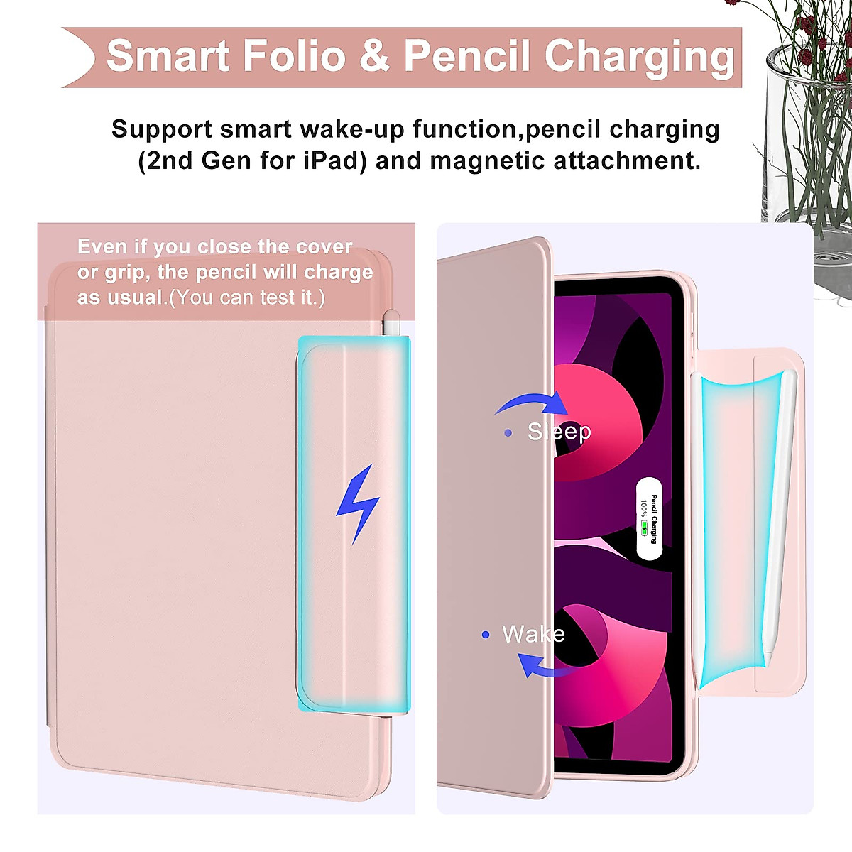 Case for iPad Air 5th/4th Generation 10.9 Inch 2022/2020,360 Rotatable with Powerful Magnet,2 in 1 Detachable Clear Case and Washable Semi-Silicone Protective Cover Smart Folio Support Pen Charger