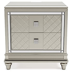 Signature Design by Ashley Chevanna Glam Embossed Diamond-Patterned 2 Drawer Night Stand with USB Charging Ports, Chrome
