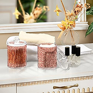 Nander 2Pack Qtip Holder Dispenser -Glittering Rose Gold Clear Plastic Apothecary Jars Set - Restroom Bathroom Makeup Organizers Containers for Cotton Swab, Ball, Pads, Floss