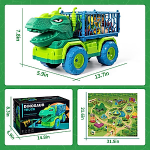 MAGICDINOSAUR Dinosaur Transport Truck for Kids 3-5, T-rex Vehicle Carrier Car Toys for Boys 3 4 5 6 7 Years Old, Truck Toy with Dino Figures & Play Mat, Gift for Toddlers Boys Girls