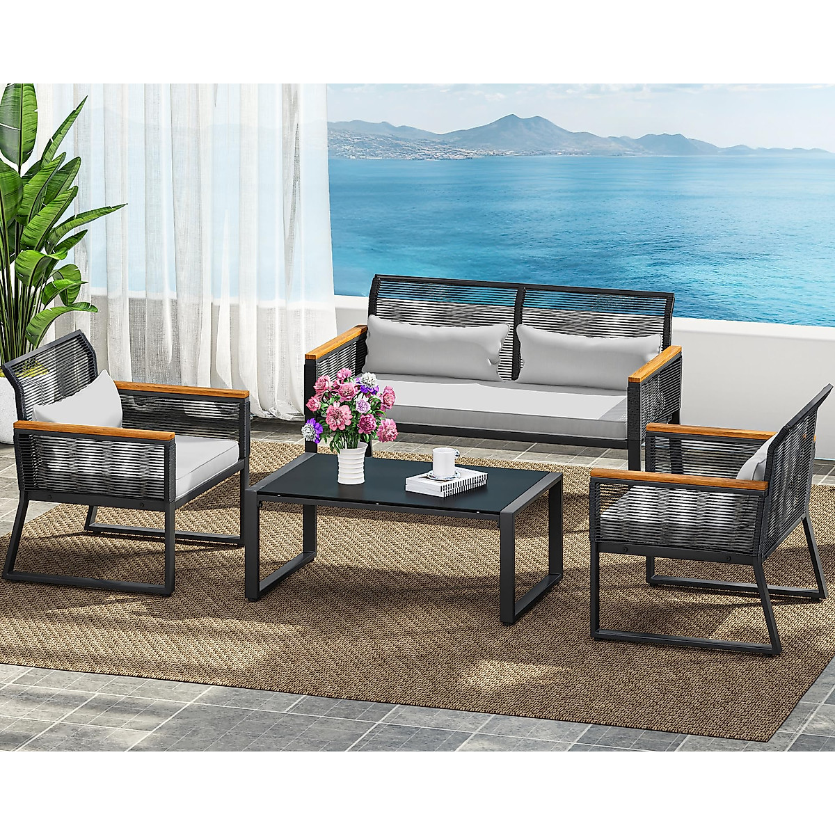 YITAHOME 4-Piece Outdoor Wicker Patio Conversation Furniture Set, All-Weather Wicker Bistro Rattan Loveseat Set with Wooden Armrests, Metal Side Table and Cushions for Backyard, Balcony, Deck, Black