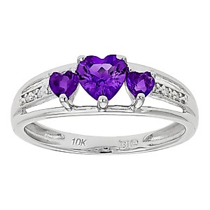 Metro Jewelry .60 Ct Triple Heart Purple Amethyst .018 cttw Diamond 10K White Gold Ring Size 9