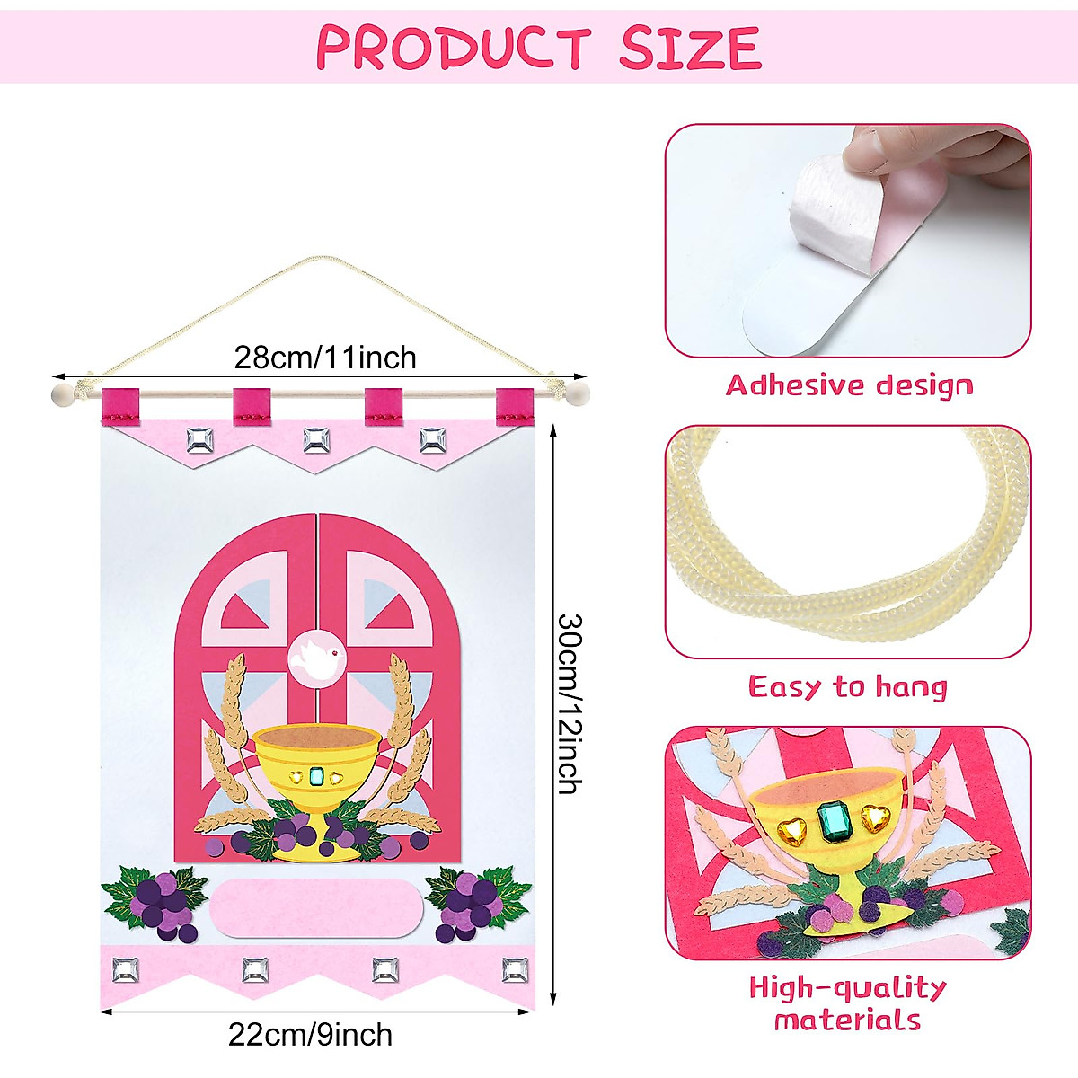 SmoothNovelty First Communion Banner Kit 9 x 12 Inches Felt Holy Communion Banner First Communion Grapes Craft 1st Communion Banner Kit for Church Sunday School Boys Girls DIY Catholic (Pink)