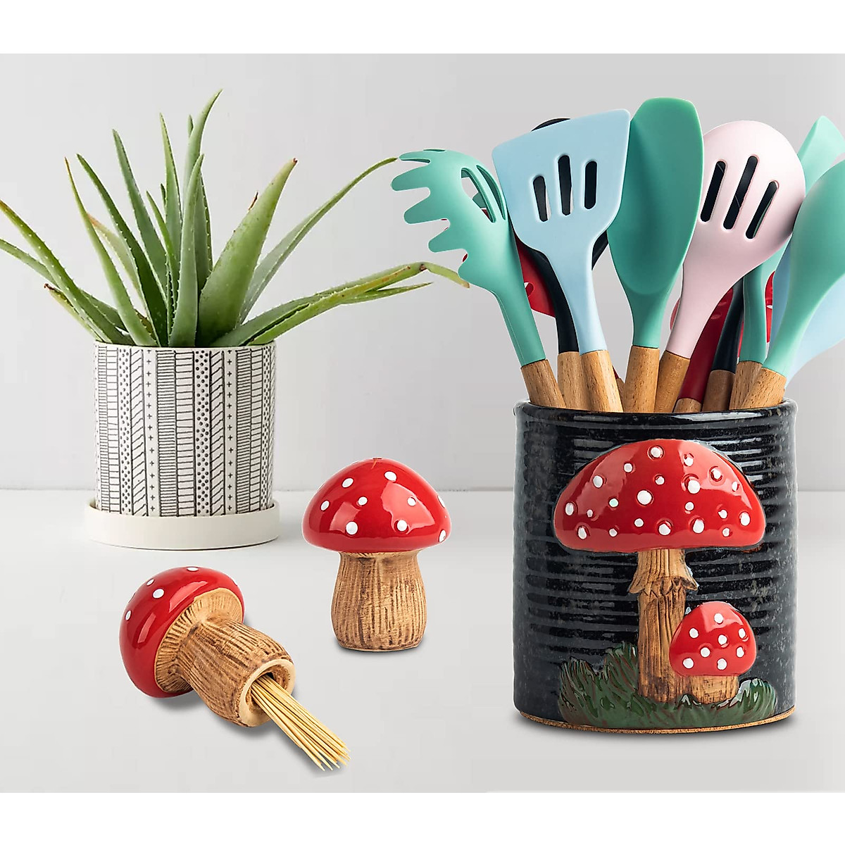 dgudgu 2 Mushroom Toothpick Holder Dispenser With Bamboo Toothpicks Tooth Pick Holders Decorative Ceramic Toothpick Dispenser