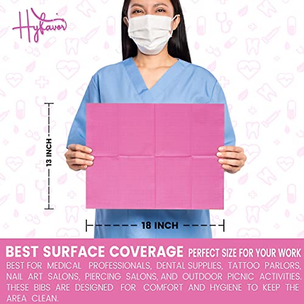 Dental Bib(125 Pack) – Pink Dental Bibs Disposable – Multipurpose & Waterproof Tattoo Bibs – Soft & Flexible Pink Bibs for Dental Tray Covers – 3-Layer Protection Nail Napkins for Acrylic (Pink)