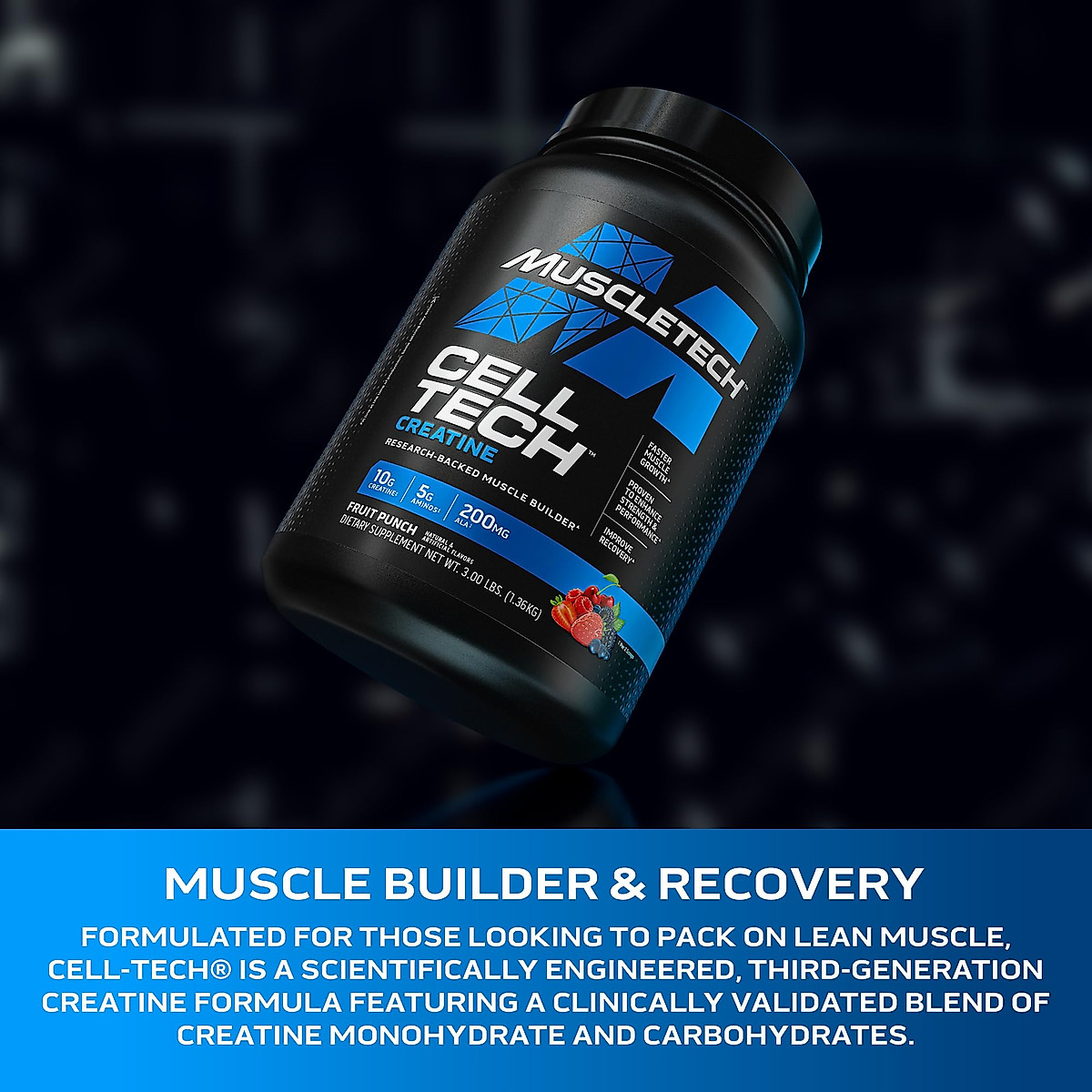 Creatine Monohydrate Powder MuscleTech Cell-Tech Creatine Post Workout Recovery Drink Muscle Builder For Men & Women Muscle Building Supplements Fruit Punch, 3 lbs (27 Serv)