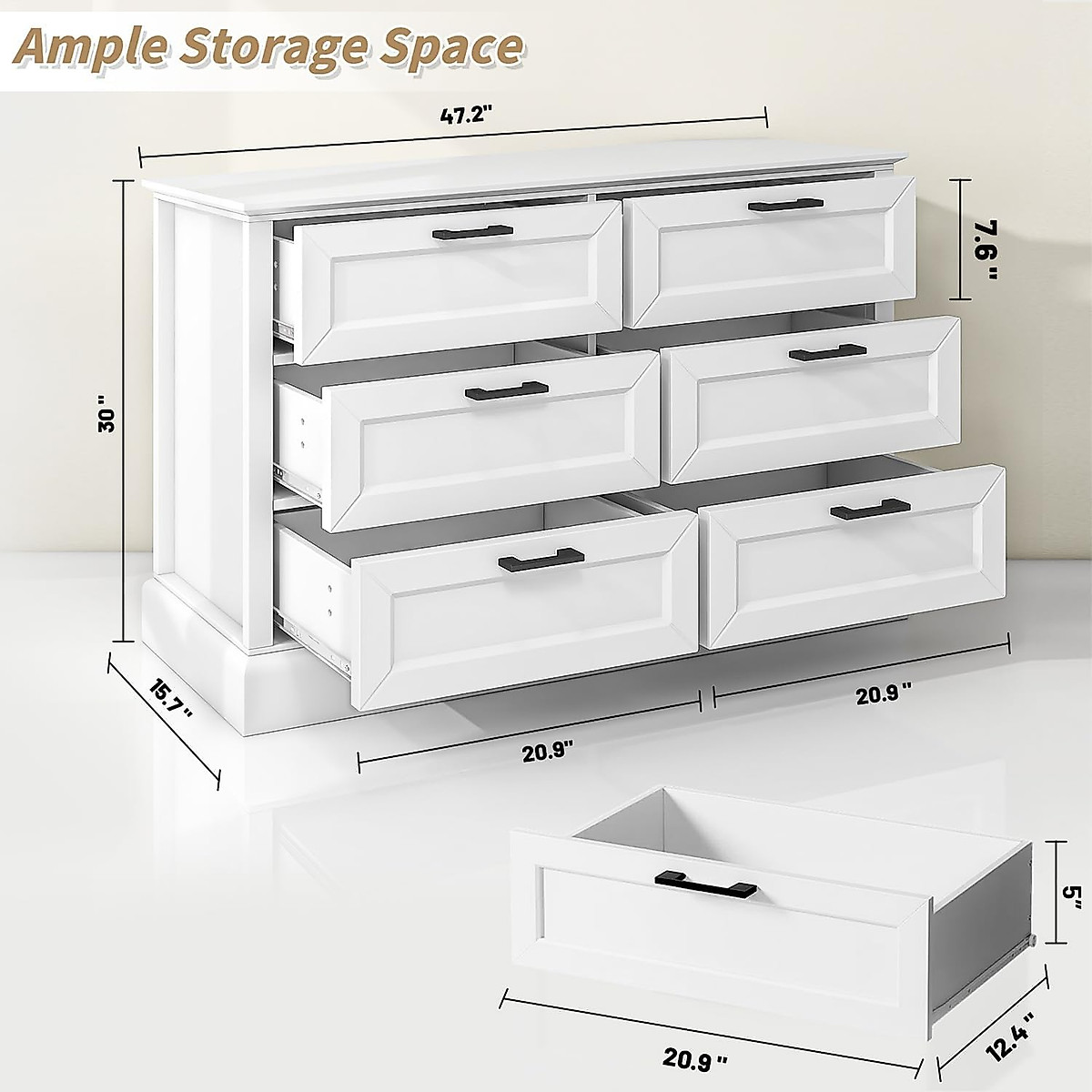biukpci White 6 Drawer Dresser for Bedroom, Modern Chest of Drawers with Deep Drawers, Wood Double Dresser for Storage Clothes