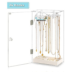 boailydi Acrylic Necklace Holder, Necklace Organizer, Rotatable Clear Jewelry Organizer Display Case for Long Necklaces Pendant Bracelets, Jewelry Holder with Beige Velvet Tray for Rings Earrings