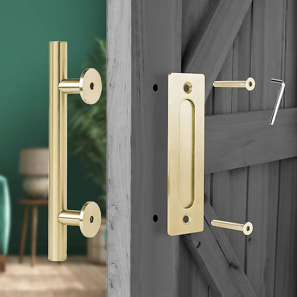 Rio Salto 12-Inch Brushed Brass Gold Barn Door Handle Kit, Closet Door Handle, Solid Aluminum Pull Handle and Flush Handle Set Heavy Duty Large Sliding Door Handles Hardware Included (1-Door Pack)
