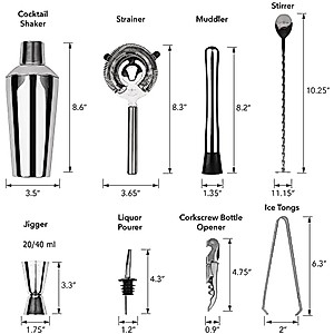 Arora 10Pcs Bartender Kit Bar Set, 24OZ Silver Cocktail Shaker Set with Stainless Steel Bartending Accessories for Home & Bamboo Stand, Ideal Drinking Mixers Gift Set for Martini Margarita