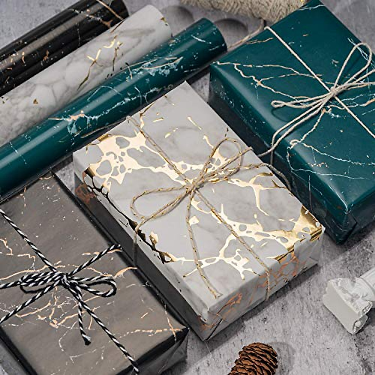 MAYPLUSS Wrapping Paper Roll - Mini Roll - 17.3 inch X 120 inch Per roll - 3 Different Marble with Gold Foil Design (43.2 sq.ft.ttl)