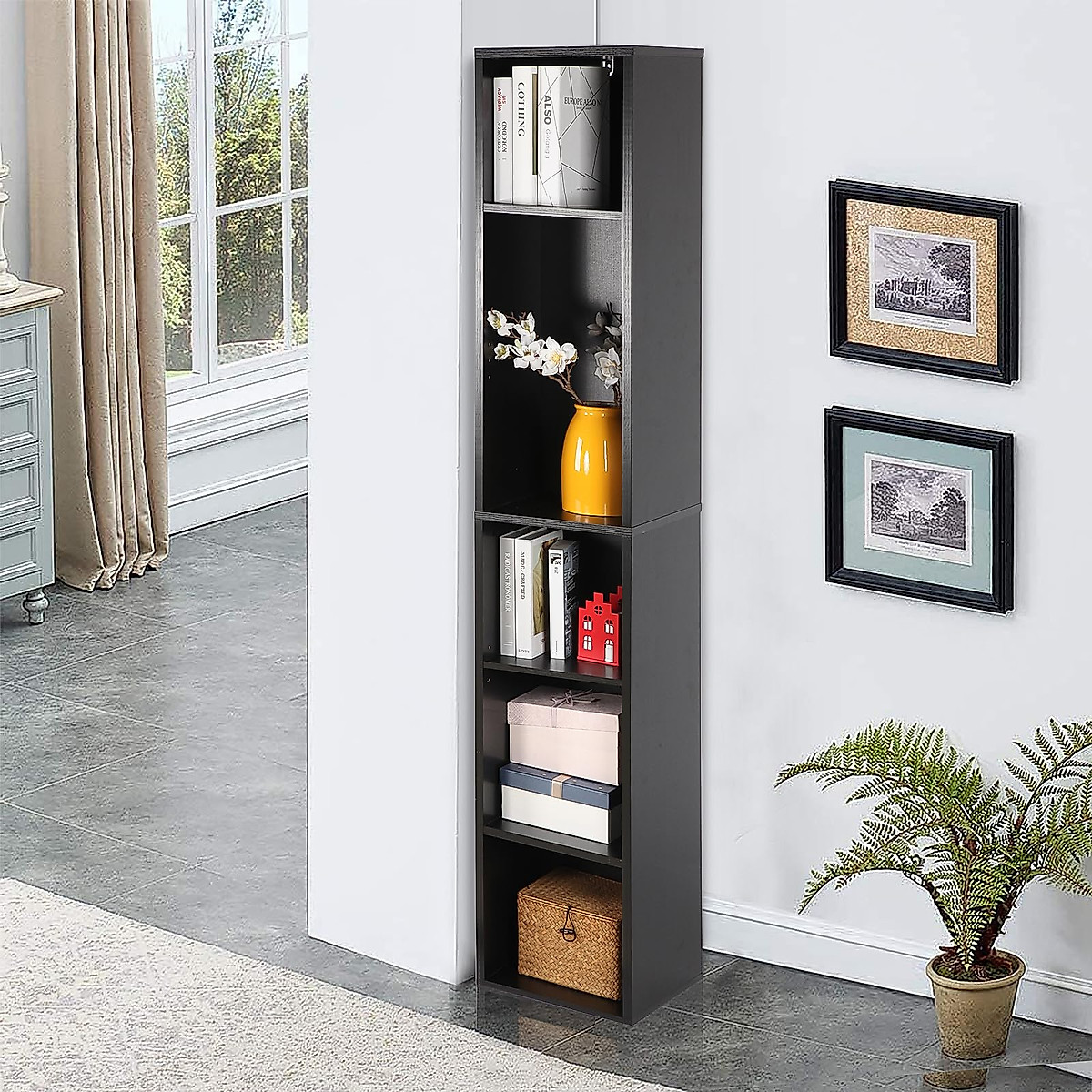 PACHIRA E-Commerce 71" H Tall Narrow Bookcase for Home Office Black, 6 Cubes Adjustable Book Shelf Display Rack Wooden Modern Corner Bookcase, 12" D x 12" W x 71" H