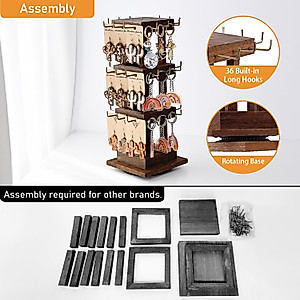 Ikee Design Elegant Wooden Rotating Jewelry Tower, 36 Hooks for Earrings, Bracelets, and Keychains, Versatile Countertop Rack for Store, Tradeshow, and Home, Brown Color