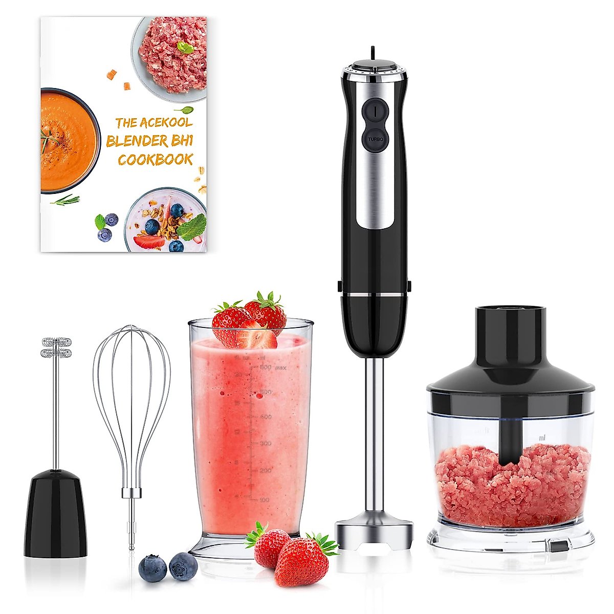Adoolla 5-in-1 800 Watt Immersion Hand Blender Multi-Purpose, Stainless Steel 12 Speed and Turbo Mode Hand Mixer, 600ml Mixing Beaker, BPA-Free with Whisk, Milk Frother Attachments