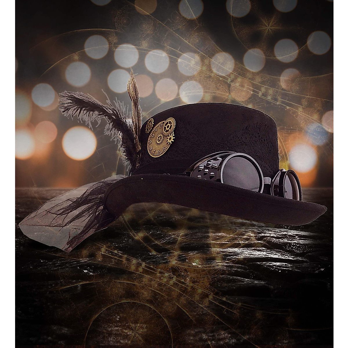 Attitude Studio Fedora Steampunk Hat with Goggles, Feathers, and Gears - Black