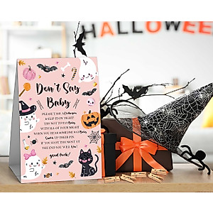 Don't Say Baby Clothespin Games Sign (1 Sign + 50 Mini Clothespins), Halloween Ghost Pumpkin Gender Neutral Gender Reveal Baby Shower Prizes Game, Halloween Baby Shower Party Decorations-SG01