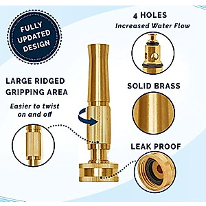 Morvat Solid Brass Metal Twist Garden Hose Nozzle, Heavy Duty Adjustable Power Spray Attachment, High Pressure Water Jet Sprayer with ¾” Standard Threading, Includes 2 Extra Rubber Washers