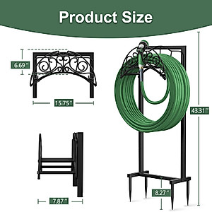 Garden Hose Holder for Outside, Upgraded Freestanding Water Hose Holder with 4 Spikes, Heavy Duty rustproof Metal Garden Hose Storage Stand for Outside, Black