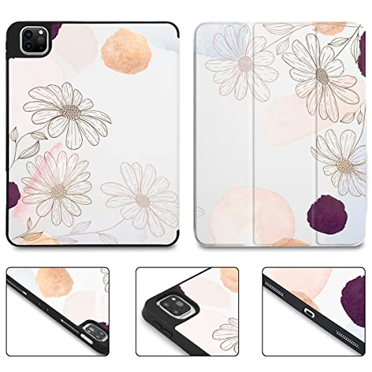 Lepeoac Designed for iPad Pro 11 inch Case M2 4th Generation (2022) / 3rd Gen (2021) / 2nd Gen (2020) / 1st Gen (2018) with Pencil Holder, Trifold Stand TPU Back Shell Smart Case, Floral