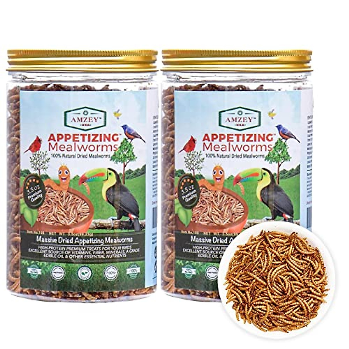 Amzey Dried Mealworms - 2 Pack 3.5OZ (7OZ Total) - High Protein Non GMO Mealworms - Great for Bearded Dragon, Birds, Fish, Lizard, Ducks, Chickens, Hamsters, Hedgehogs,Turtle Food, Reptile Food