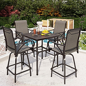 PHI VILLA 5 Piece Bar Height Patio Dining Set, Outdoor Table Chair Bar Set for 4 with Outdoor Swivel Bar Stool Chair and Large Metal Bar Table