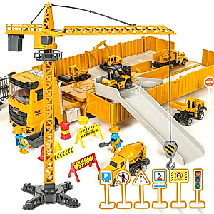 Construction Site Vehicles Toy Set, Kids Engineering Playset, Tractor, Excavator, Crane, Dump Trucks, Cement Mixer, Steamroller, Birthday Gift for 3 4 5 6 7 Year Old Toddlers Boys Children