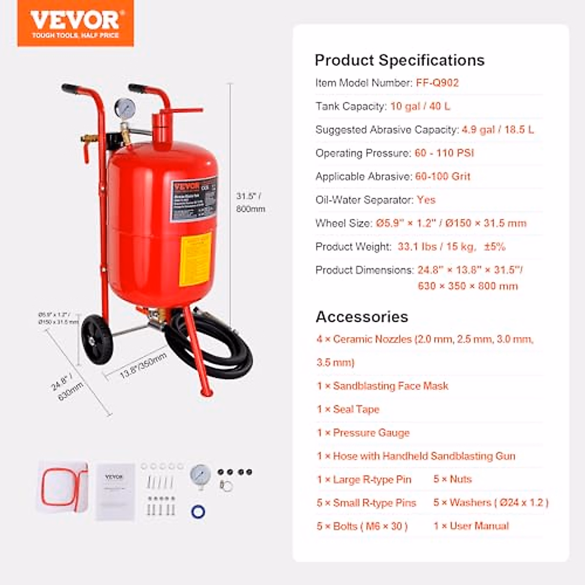 Sand Blaster VEVOR 10Gal Pot Sandblaster, 125 Psi Pressure Sand Blasting Complete Kit for Paint, Stain, Rust Removal and Special Surface Treatment of Material