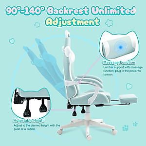 Dowinx Gaming Chair Cute with Cat Ears and Massage Lumbar Support, Ergonomic Computer Chair for Girl with Footrest and Headrest, Comfortable Reclining Game Chair 290lbs for Adult, Teen, Blue Green