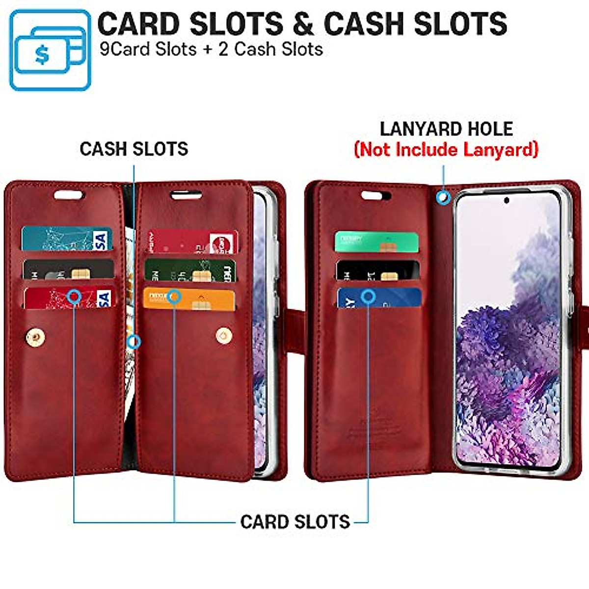 GOOSPERY Mansoor Wallet Designed for Galaxy S20 Case [9 Card Slots+2 Extra Side Pocket] Double Sided Multi-Slot Inner Flap Card Holder Ample Storage Flip Phone Cover - Wine