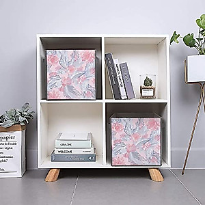 DamTma Romantic Feathers Collapsible Storage Cubes Red Grey Pink Pattern 10.6 Inch Fabric Storage Bins Storage Cubes with Handles Basket Storage Organizer for Clothes Pet Toys