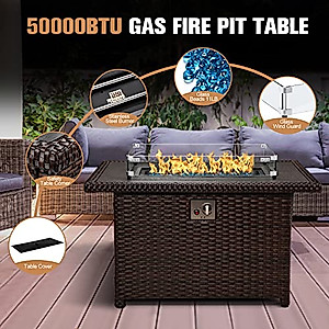 44 in Propane Gas Fire Table Auto-Ignition 50,000BTU， Rectangle Woven Rattan Fire Pit for Outside Patio Garden Deck & Backyard，with Lid and Blue Glass Beads, Glass Wind Guard,CSA Approved(Black)