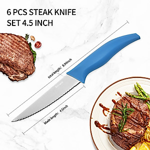 Eocogup Steak Knives,4.5'' Serrated Steak Knives Set of 6,Dishwasher Safe,Resists Rust,Ultra Sharp and Won't Have the Feeling of Shred Your Meat,High Carbon Stainless Steel Color Handle