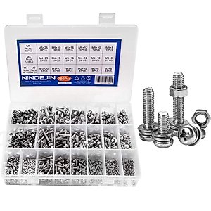 NINDEJIN 780PCS M2 M3 M4 M5 Phillips Pan Head Screws Bolt Nut Lock Flat Washers Machine Screws Assortment Kit