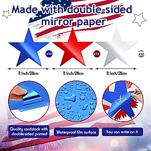 Epakh 36 Pieces Star Cardstock Cutouts 11 Inches Double Printed Paper Stars Glitter Star Decoration for Bulletin Board Wedding Party Supplies (Red,Blue,Silver)