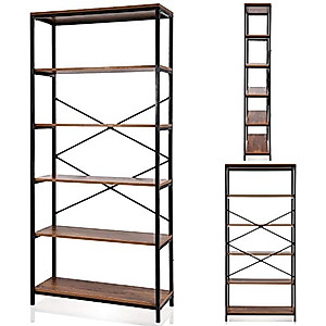 Solid Open Book Shelves, 71 Tall Modern Bookshelf 6 Foot, Free Standing Display Shelving Unit, 5 Tier Industrial Bookcase for Living Room Bedroom - Black Metal Frame & Rustic Cherry Wooden Shelves