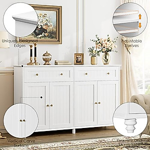 FINETONES Buffet Cabinet with Storage, 55.1” Large Sideboard Buffet Cabinet, White Kitchen Cabinet Display Cabinet with 2 Drawers and 4 Doors, Wood Coffee Bar Cabinet for Kitchen Dining Room