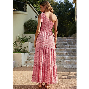 PRETTYGARDEN Women's Summer Floral Maxi Dress Knot One Shoulder Sleeveless Ruffle Flowy Boho Beach Wedding Guest Dresses(Red White Floral,Small)