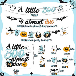 53Pcs Blue Halloween Baby Shower Decorations Include A Little Boo is Almost Due Banner Ghost Bat Monster foil Balloons Cake Topper and Latex Balloons for kids Halloween Boo Baby Shower Party Supplies