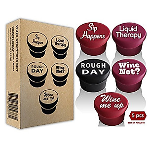 5 Funny Wine Stoppers - Perfect as Wine Accessories or Wine Gifts for Women - Set of 5 Funny Silicone Wine Bottle Stopper. A Great Christmas Gifts For Women Or Men. Better Than Wine Corks.