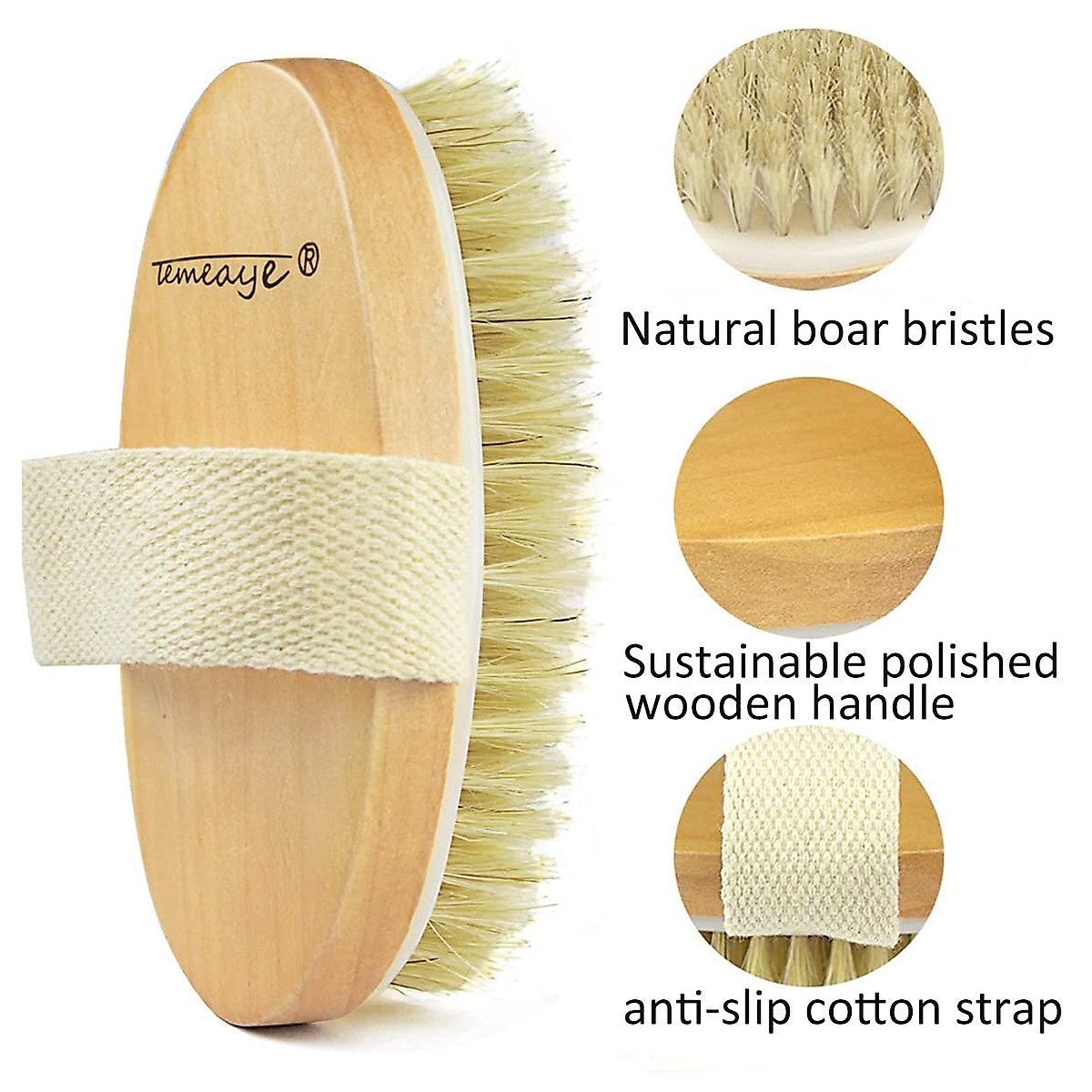 TEMEAYE Dry Brushing Body Brush, Body Skin Exfoliator Scrubber, for Skin Dry Brushing Massage, Lymphatic Drainage & Blood Circulation Improvement, Medium Strength (Boar Bristle and Wooden Handle)