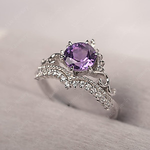LUO 925 Sterling Silver Round 7 MM Amethyst Ring Princess Crown Tiara Engagement Ring for Women US Size 13