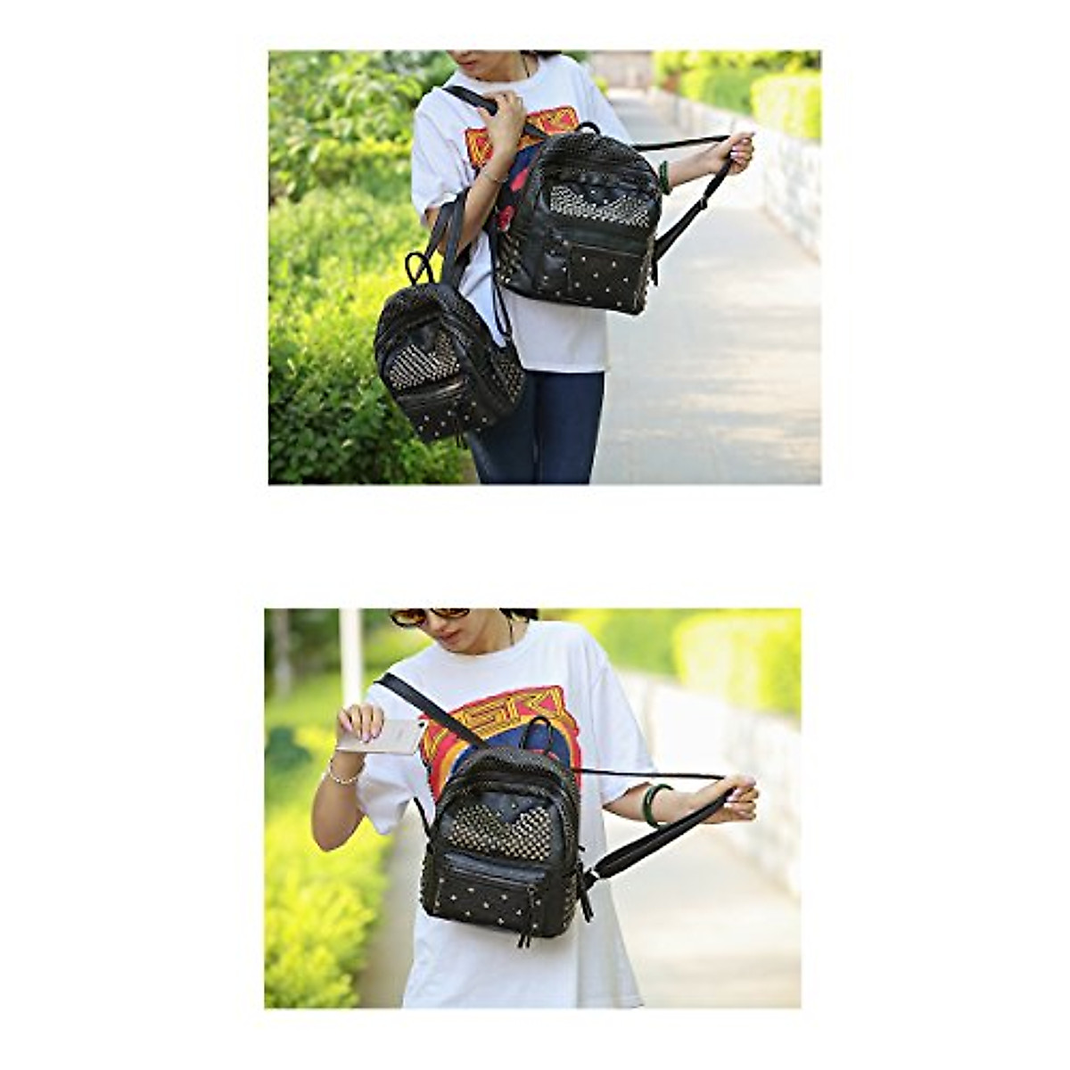 Ladies Women PU Leather Backpack Rivet Studded Cute Satchel School Bags (Black-L)