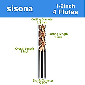 sisona 1/2" Square Nose Carbide End Mill Bits - 4 Flutes，1/2" Diamter，3'' Overall Length - Sharpness，Durable，Smooth Cutting
