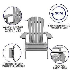 Flash Furniture Charlestown Folding Adirondack Chair - Gray - Poly Resin - Indoor/Outdoor - Weather Resistant - Set of 4